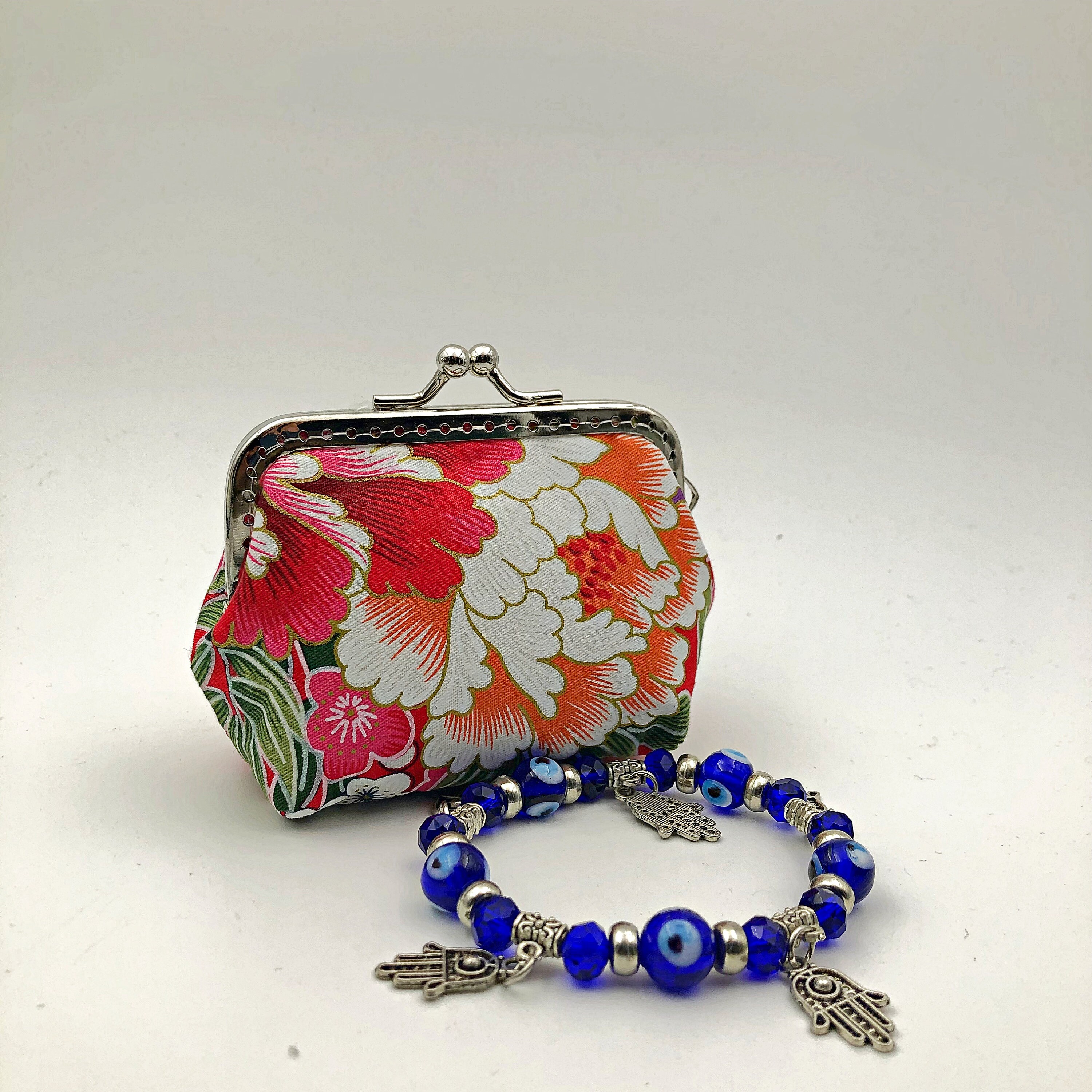 Chinese Coin Purse, Chinese Flower Print, Red Floral Fabric, Kiss Lock ...