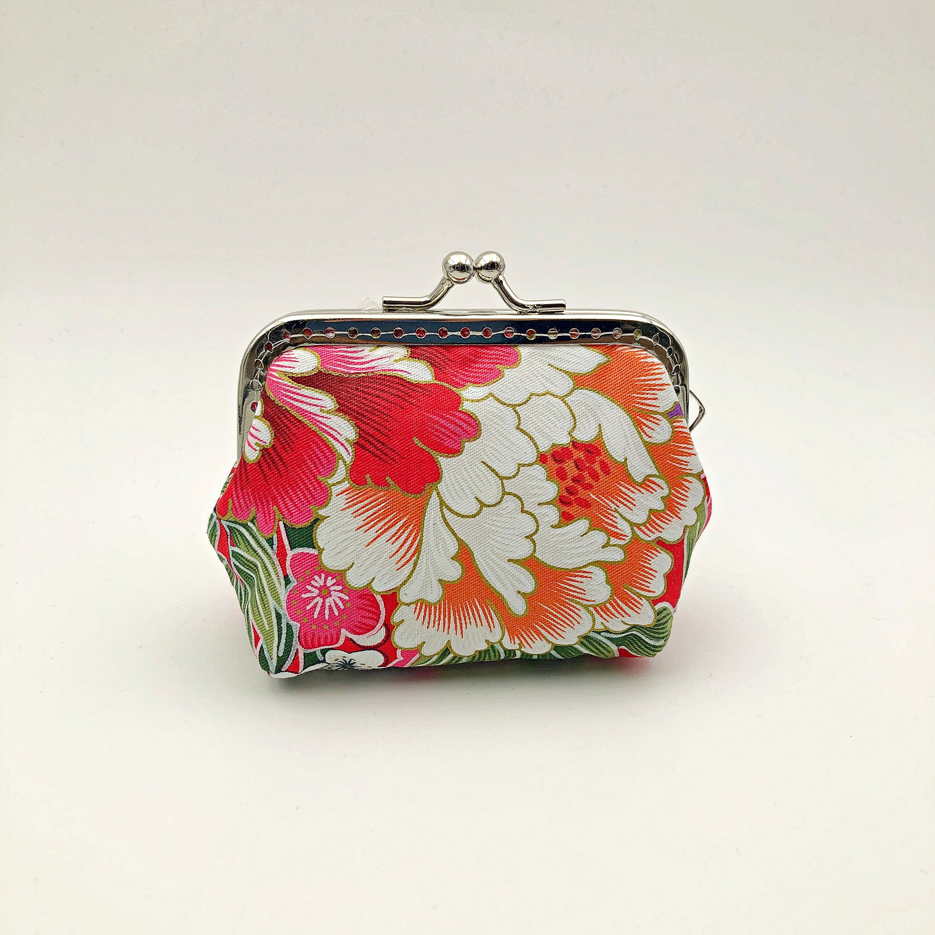 Chinese Coin Purse, Chinese Flower Print, Red Floral Fabric, Kiss Lock ...
