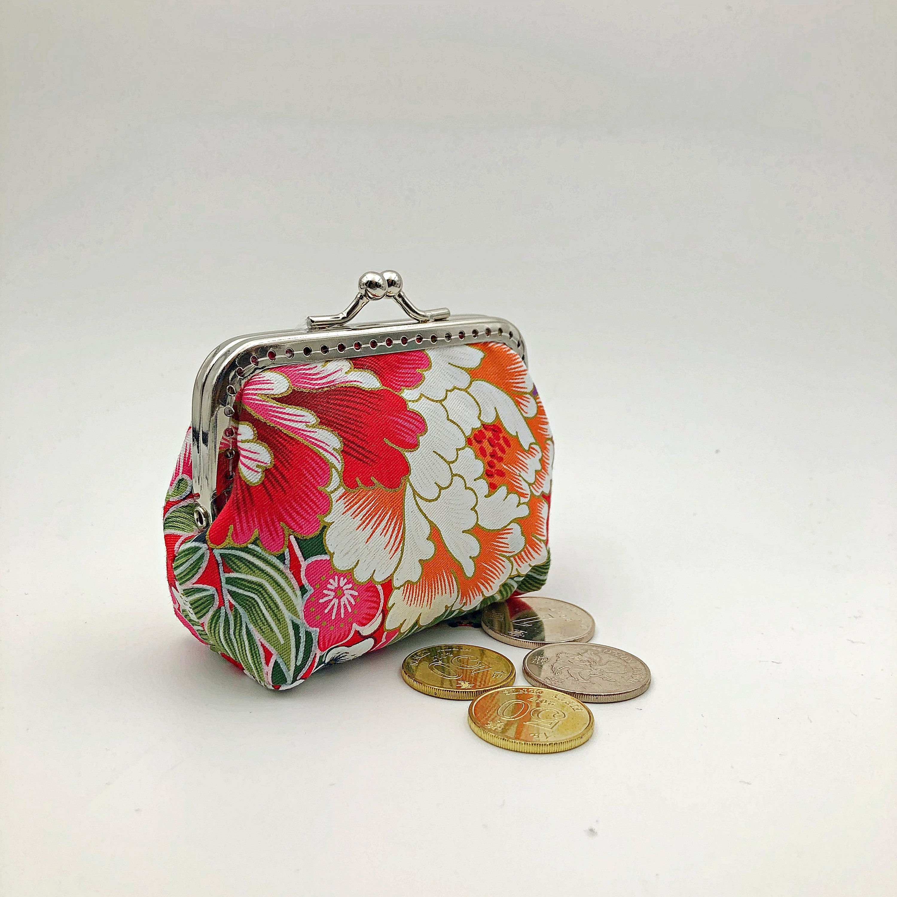 Chinese Coin Purse, Chinese Flower Print, Red Floral Fabric, Kiss Lock ...