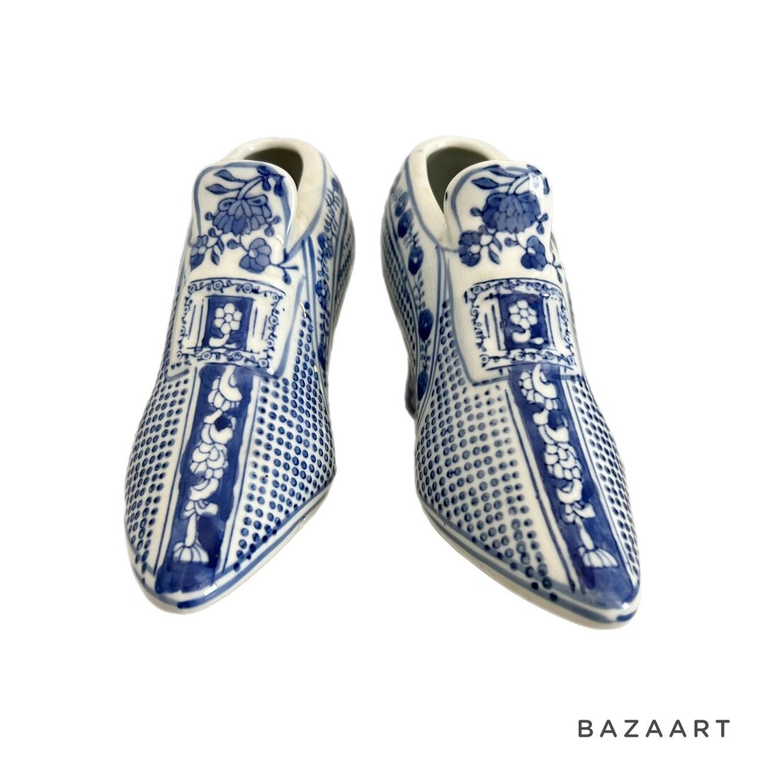 Blue & White Ceramic Dutch Delftware Shoe Figurines With Floral Pattern ...