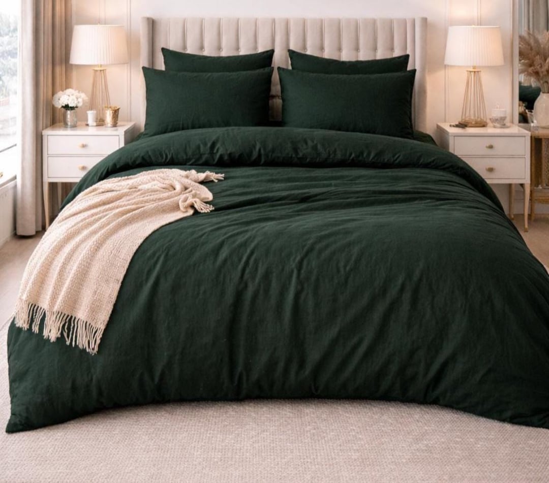 Luxury Forest Green Duvet Cover Set, Dark Green Bedding, Modern Minimal ...