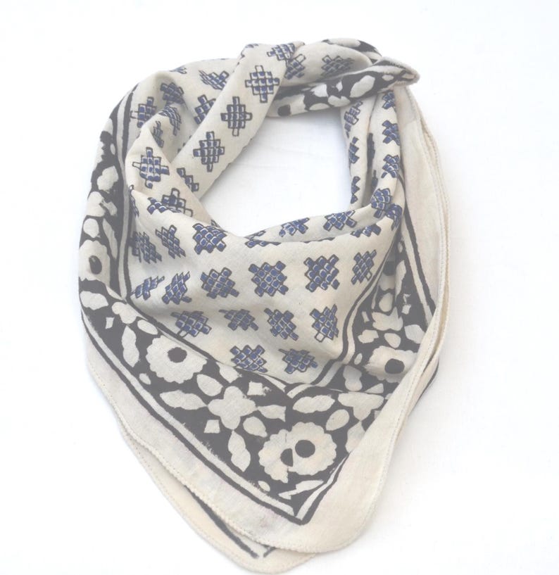Hand Block Printed Organic Cotton Bandana: Brown & Green Floral Scarf ...
