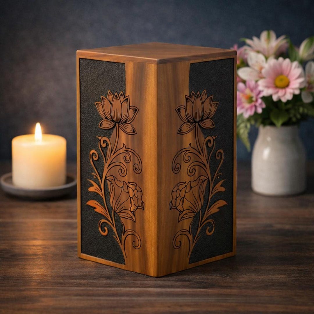 Handcrafted Rosewood Cremation Urn With Lotus Floral Engraving | Wooden ...