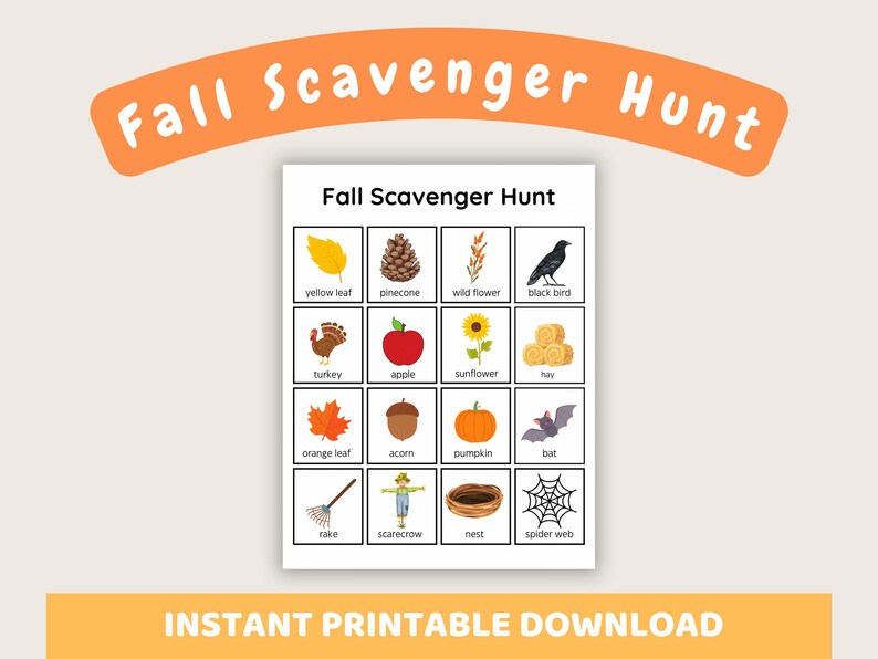 Fall Scavenger Hunt Printable: Outdoor Bingo Game for Kids (PDF ...