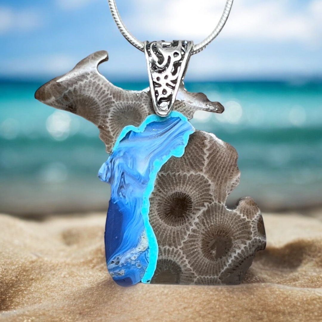 Made to Order - Michigan Shaped Petoskey Stone Pendant With Leland Blue ...