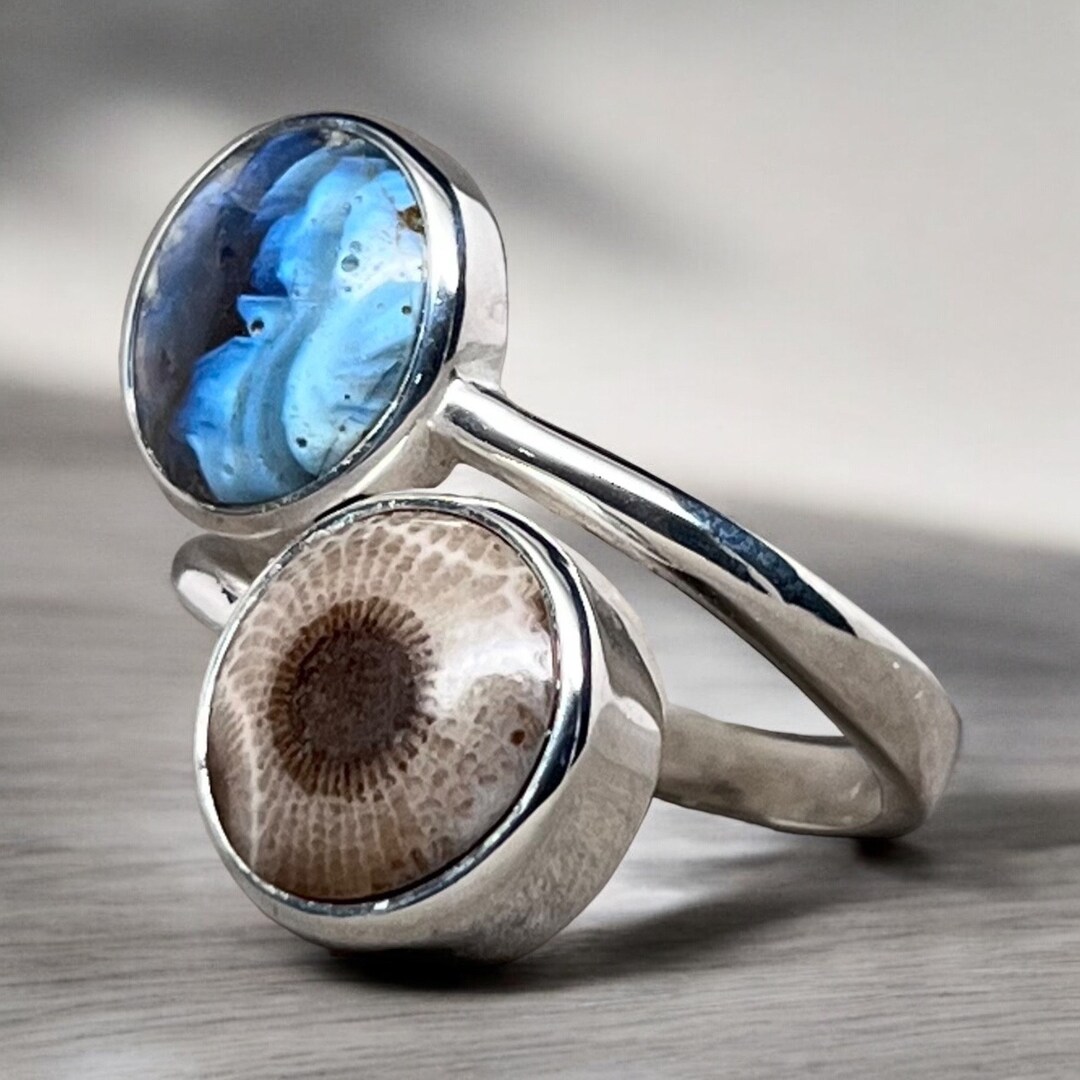 Petoskey Stone and Leland Blue Ring Sterling Silver Size 7.25 to 7.75 ...
