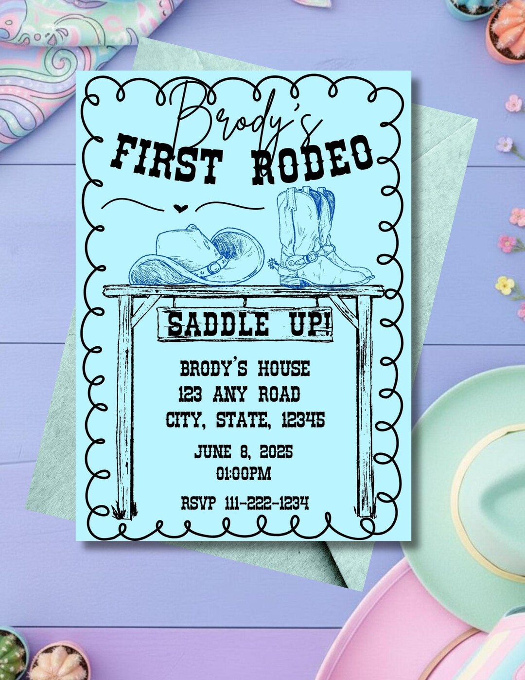 Blue Baby First Rodeo Birthday Invitation 5x7 Digital Template - Etsy