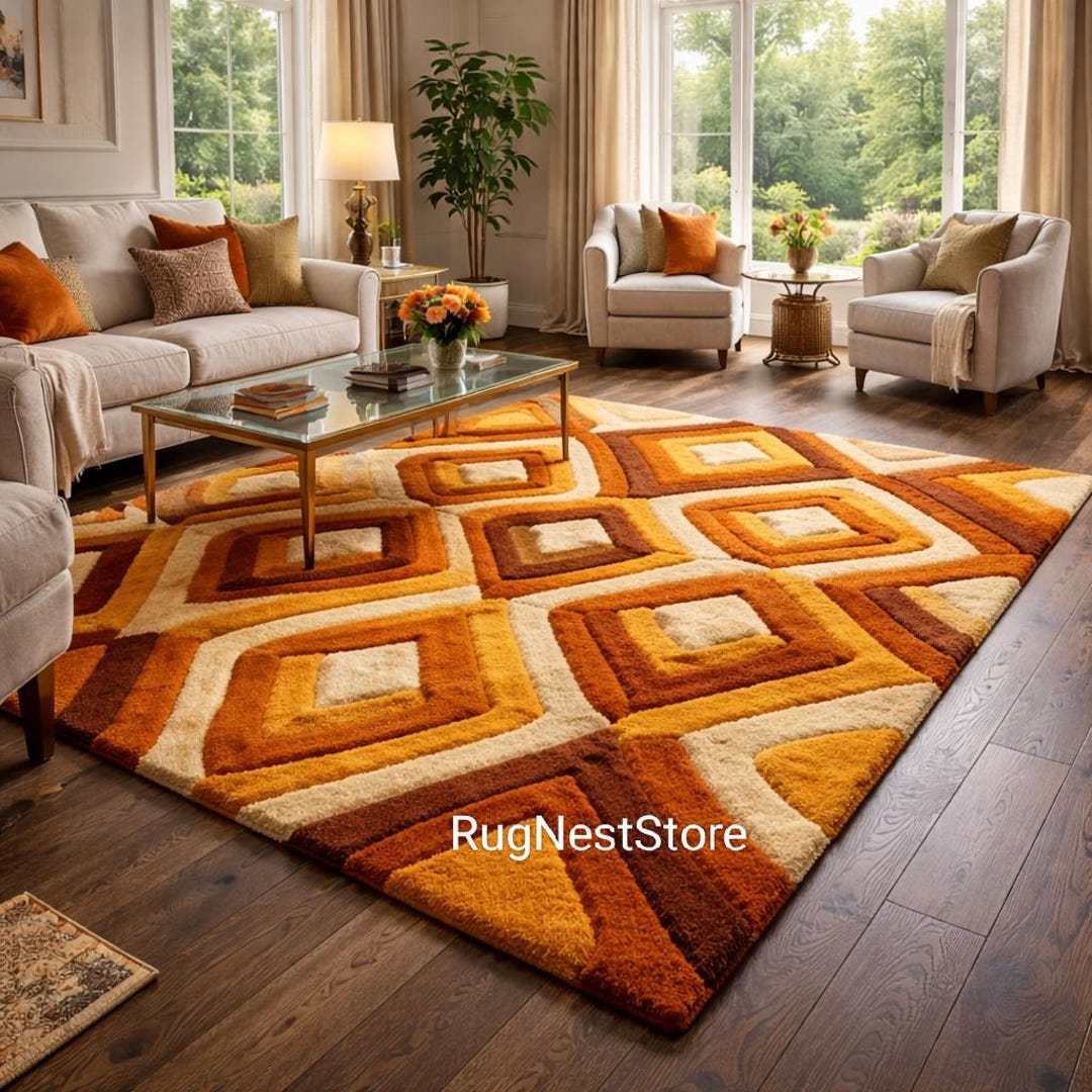 Retro Mid Century Tufted Shag Rug – 70s Geometric Orange & Yellow ...
