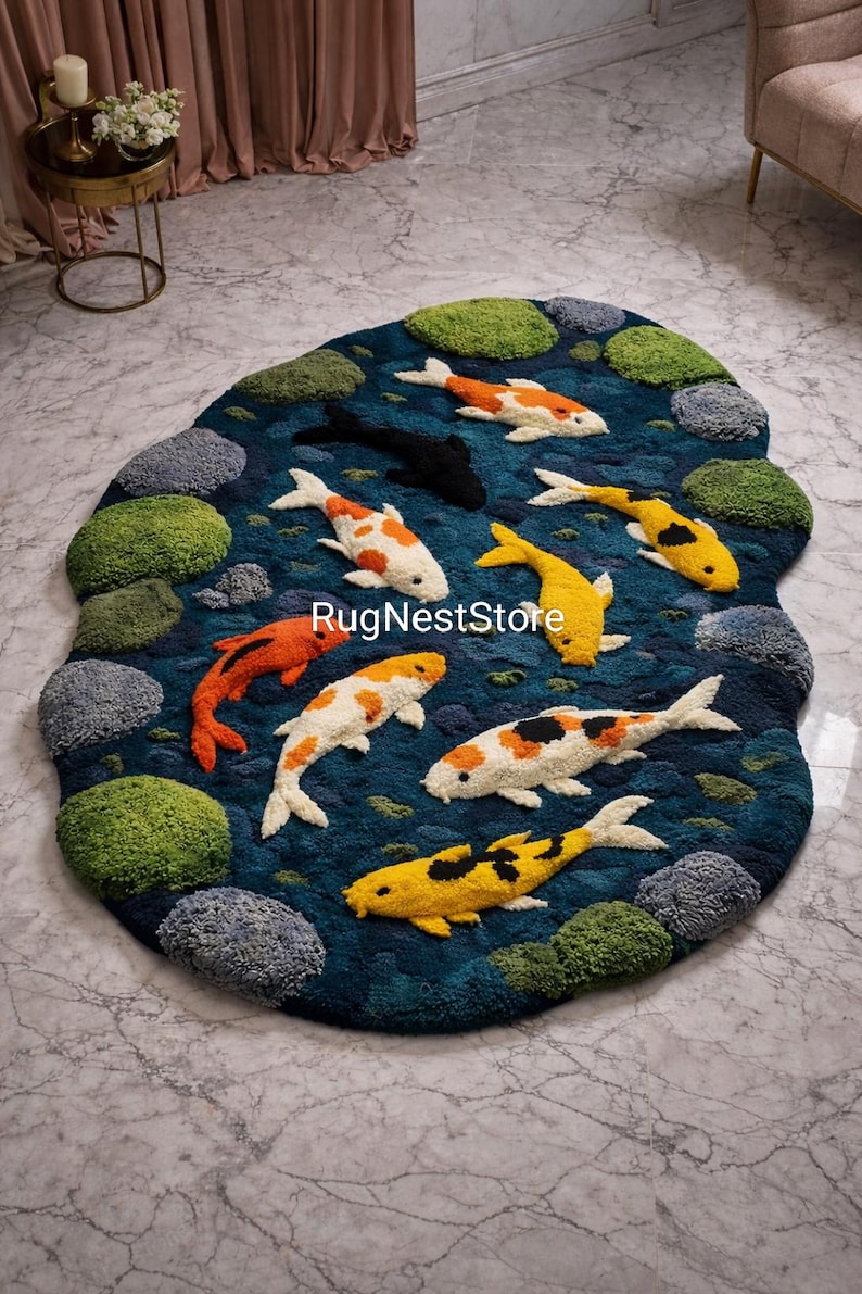 Handmade Koi Fish Rug | Wavy Pond Design Carpet | Japanese Zen Art Rug ...