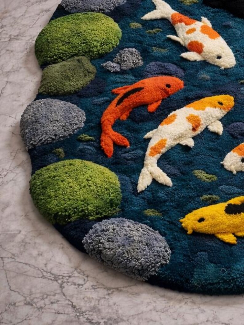 Handmade Koi Fish Rug | Wavy Pond Design Carpet | Japanese Zen Art Rug ...