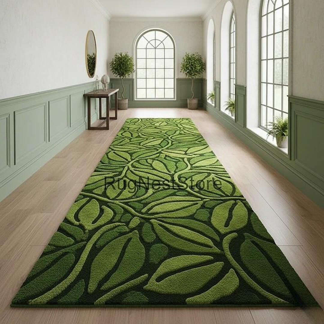 Forest Canopy Runner Rug – Green Leaf Pattern Hand-tufted High-pile ...