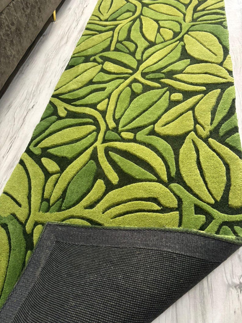 Forest Canopy Runner Rug – Green Leaf Pattern Hand-tufted High-pile ...