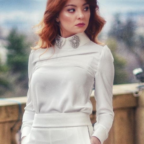 Bow Blouse Power Shoulder Shirt Long Sleeves Top Made to - Etsy