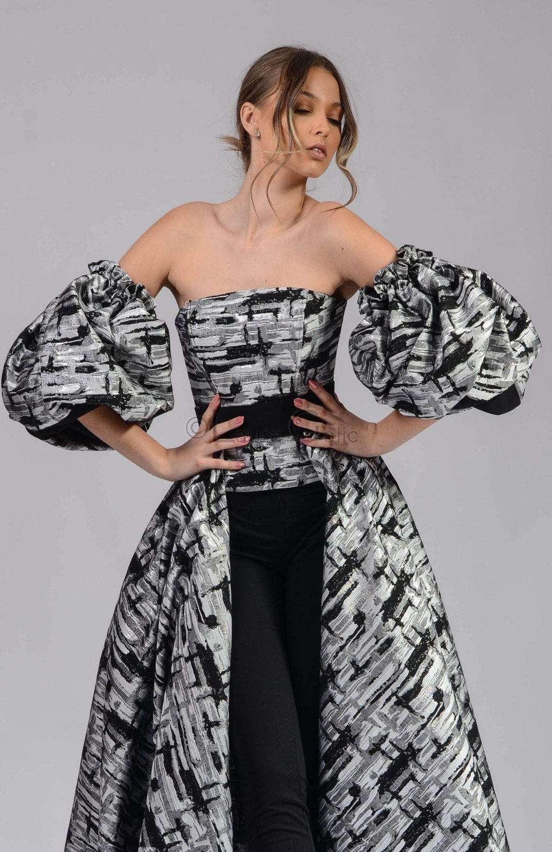 Corset Ball Gown 3 Piece Ensemble With Corset Top,bell Sleeves, Maxi ...
