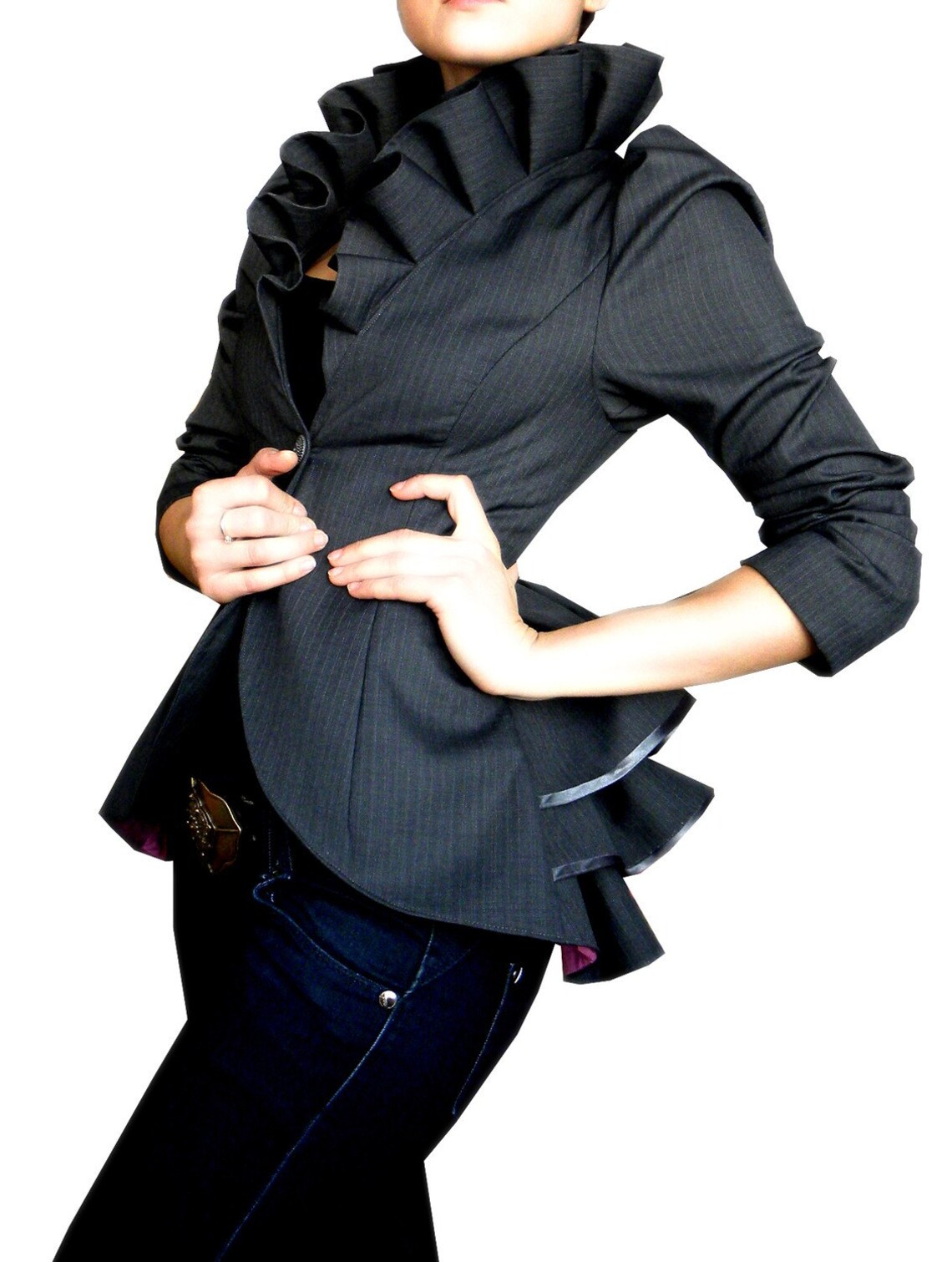 Office Suit With Straight Skirt Ruffle Collar Blazer Two | Etsy