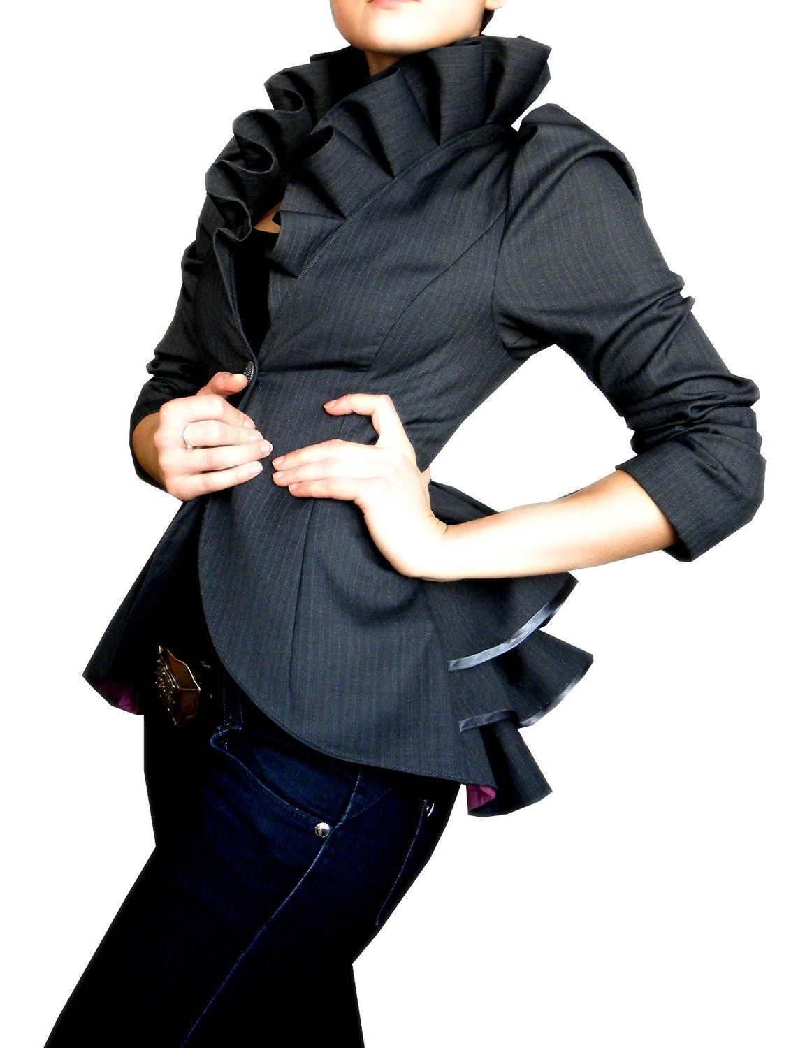 Office Suit With Straight Skirt Ruffle Collar Blazer Two | Etsy