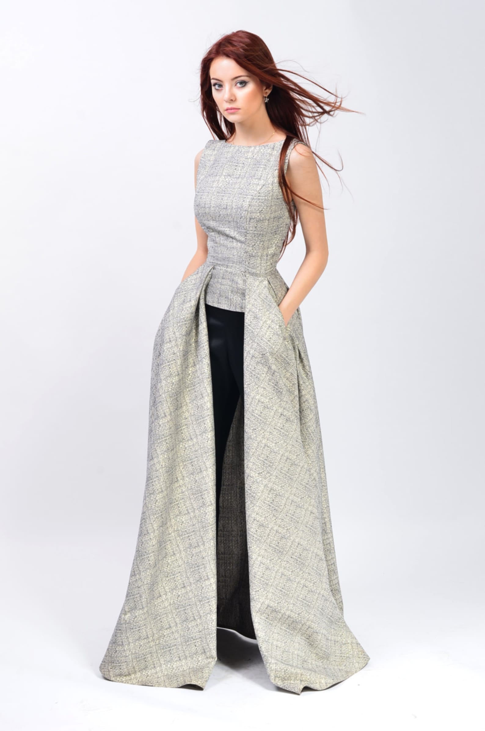 Long Pleated Sleeveless Dress Boat Neck Collar Gown Elsa - Etsy