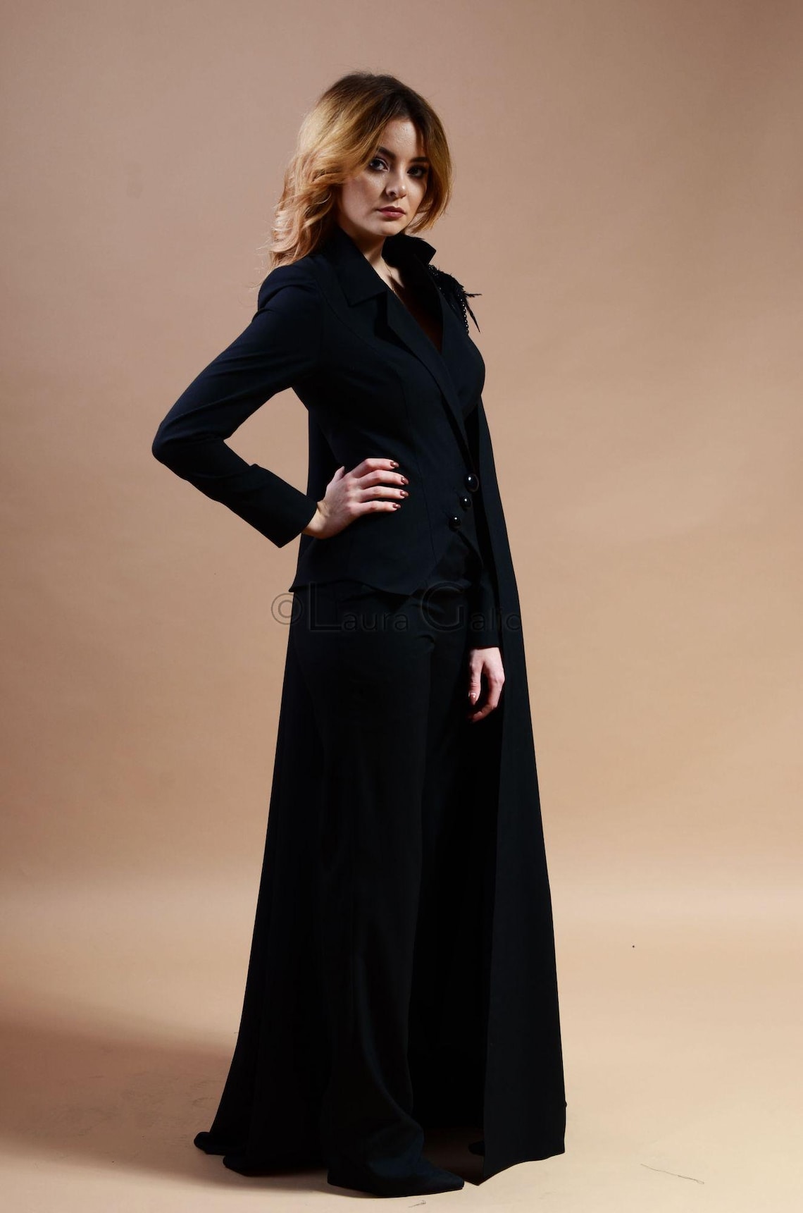 Cape Suit With Feathers Lace and Beads Black Suit for Women | Etsy