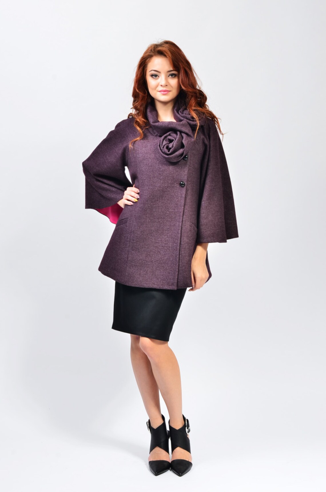 Short Wool Wrap Coat Large Sleeves Midi Winter Autumn Jacket - Etsy