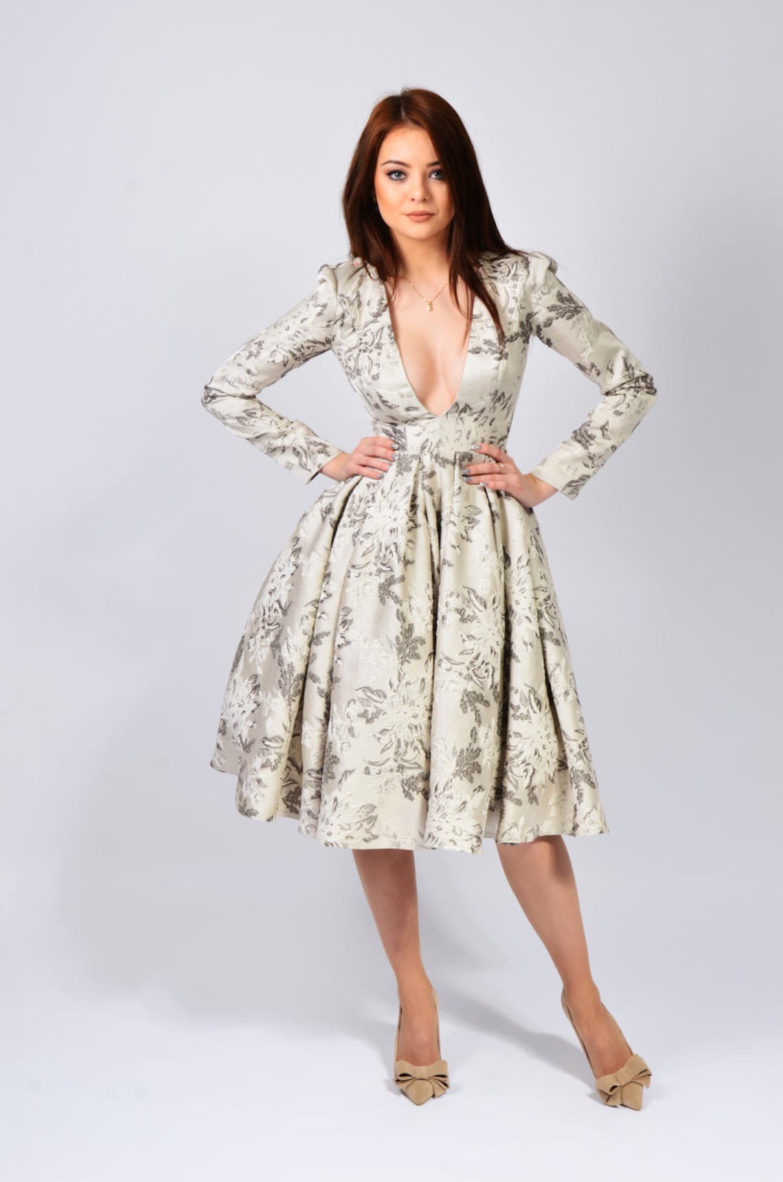 Deep V Neck Midi Dress With Long Sleeves Ball Gown Angela 1 | Etsy