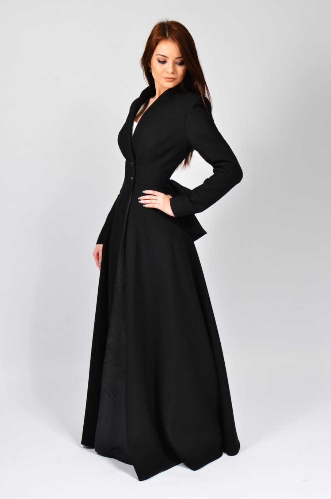 Long Maxi Dress Coat, Winter Pleated Ruffles Jacket for Women | Ligia ...