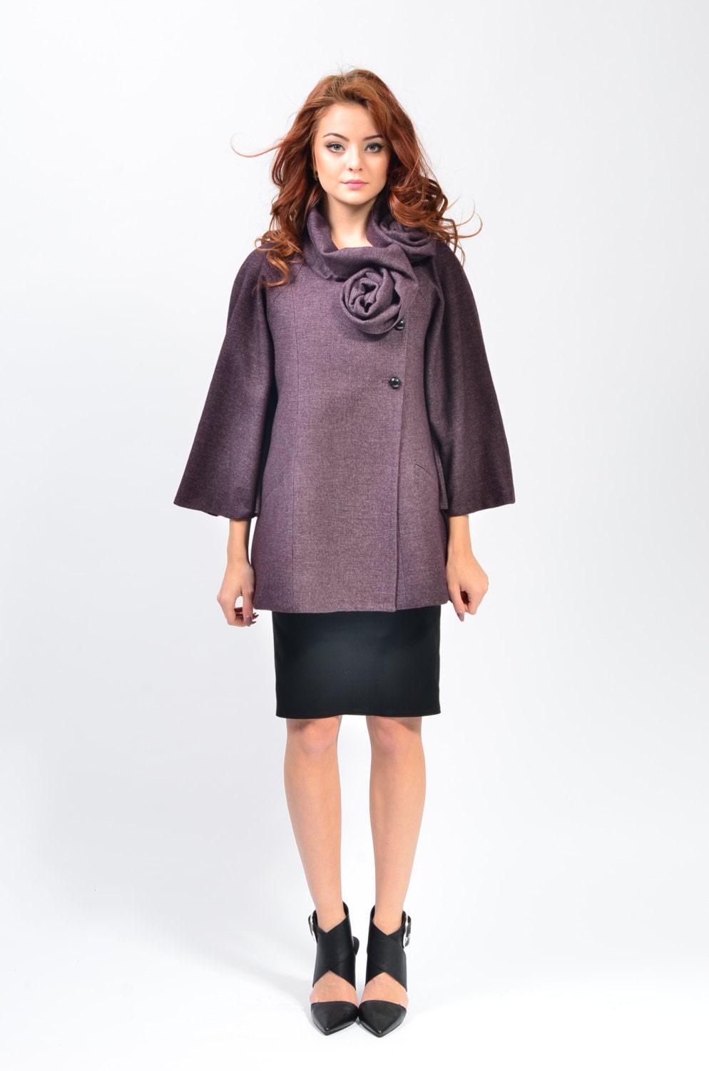 Short Wool Wrap Coat Large Sleeves Midi Winter Autumn Jacket - Etsy