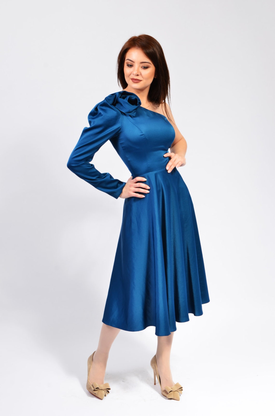 Below The Knee One Shoulder Dress Midi Pleated One Sleeve | Etsy