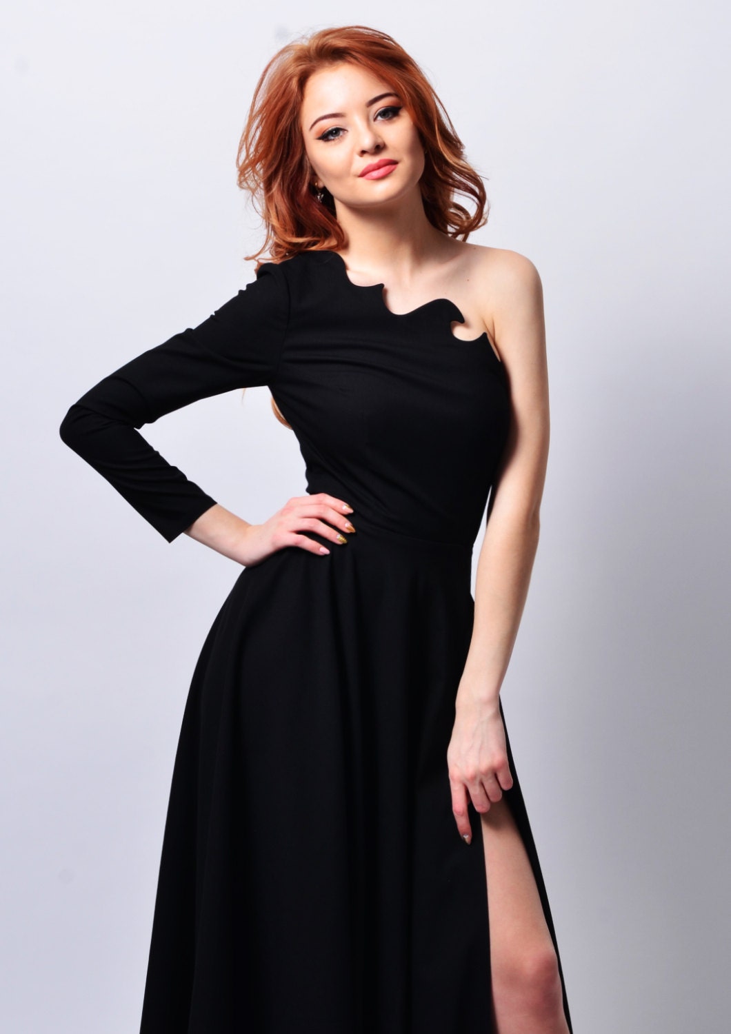 Long Pleated One Shoulder Dress One Sleeve Maxi Gown Alanis | Etsy