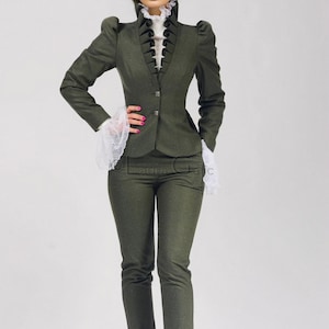 Office Suit With Straight Skirt, Ruffle Collar Blazer, Two Buttons ...