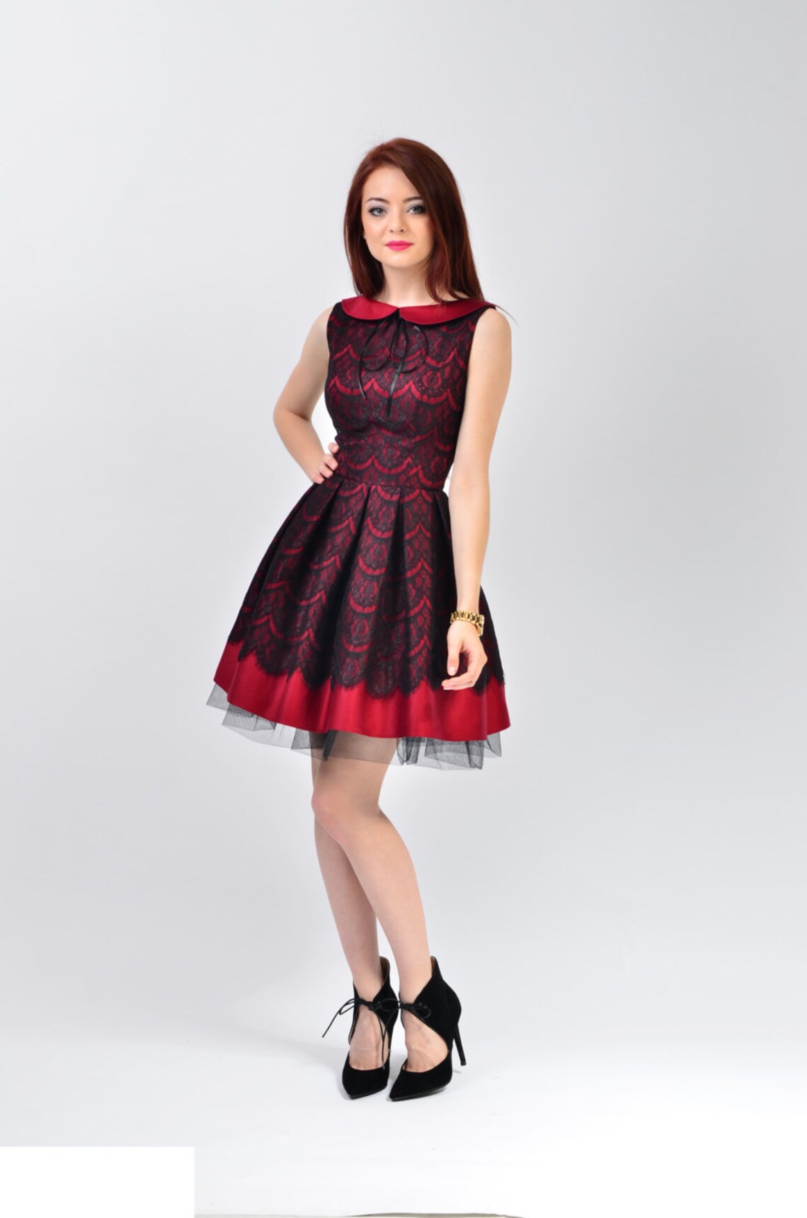 Pouf Sleeveless Midi Dress, Peter Pan Collar Pleated Gown | Gina - Etsy