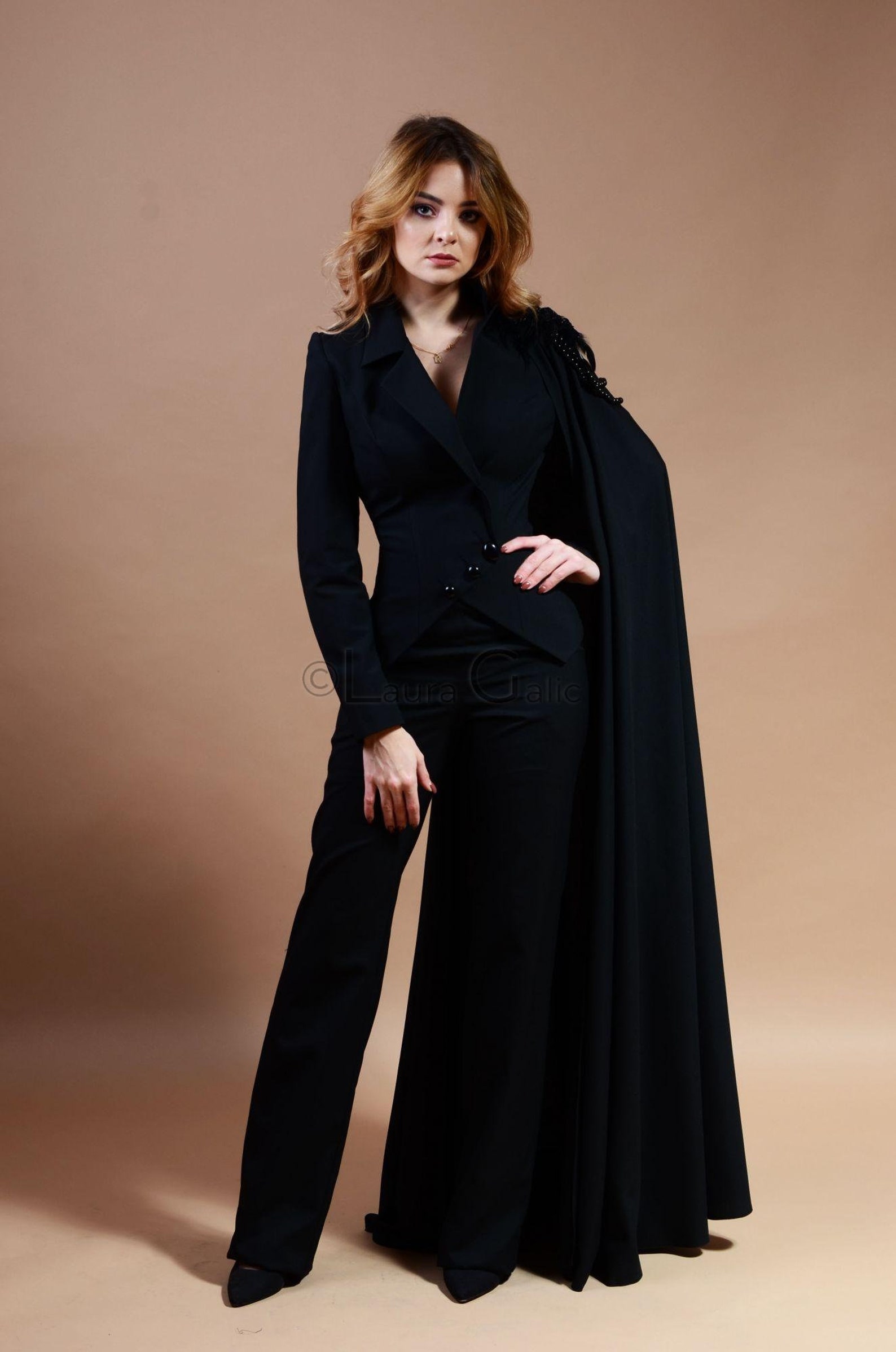 Cape Suit With Feathers Lace and Beads Black Suit for Women | Etsy