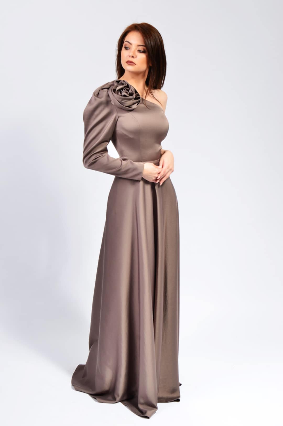 Long One Shoulder Dress, Maxi Pleated One Sleeve Gown | Tatiana 2 - Etsy