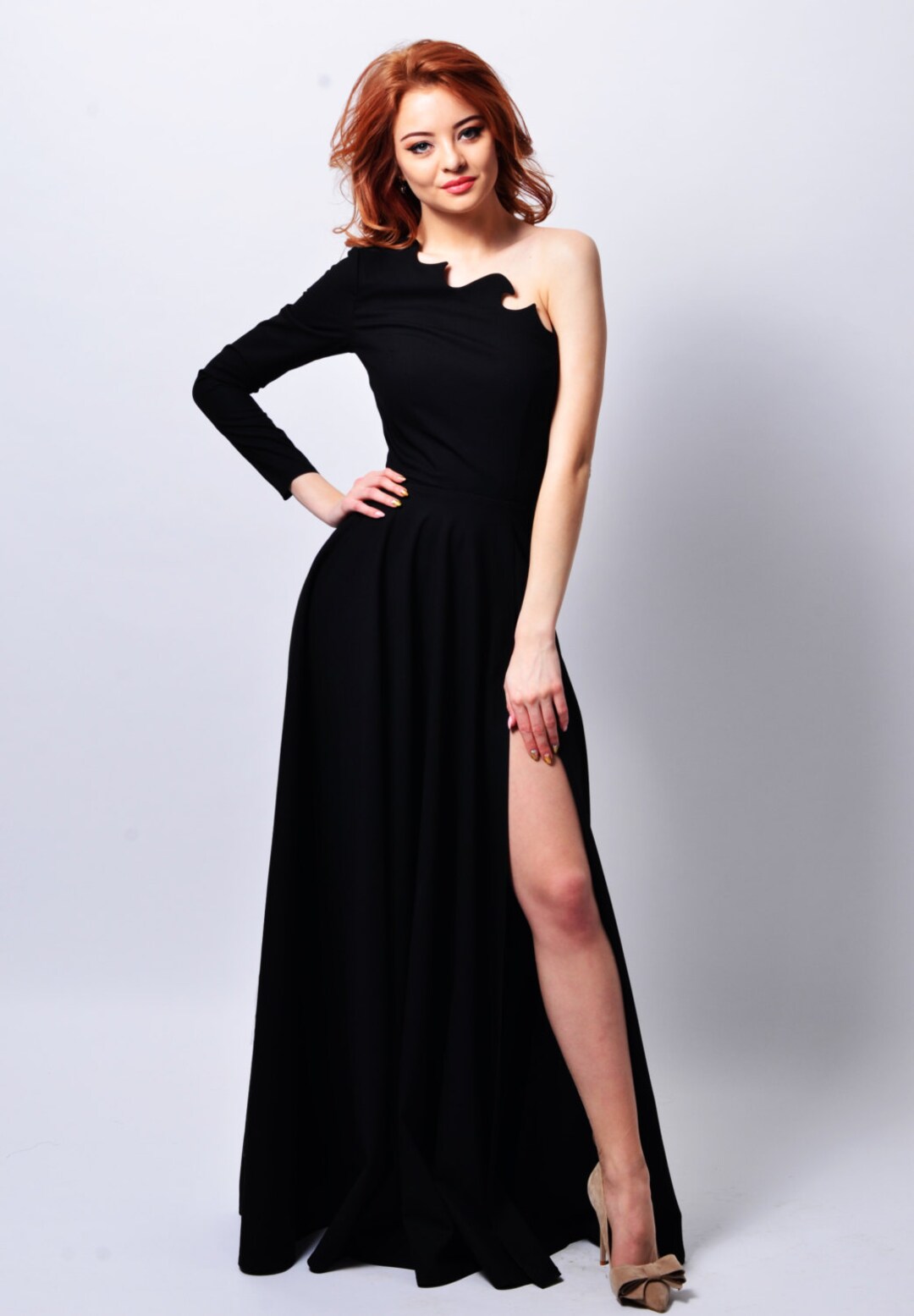 Long Pleated One Shoulder Dress, One Sleeve Maxi Gown | Alanis 2 - Etsy
