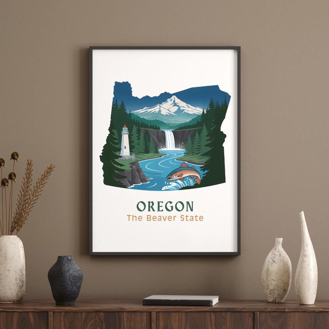 Oregon State Art Print – the Beaver State Poster | Mt. Hood, Waterfall ...