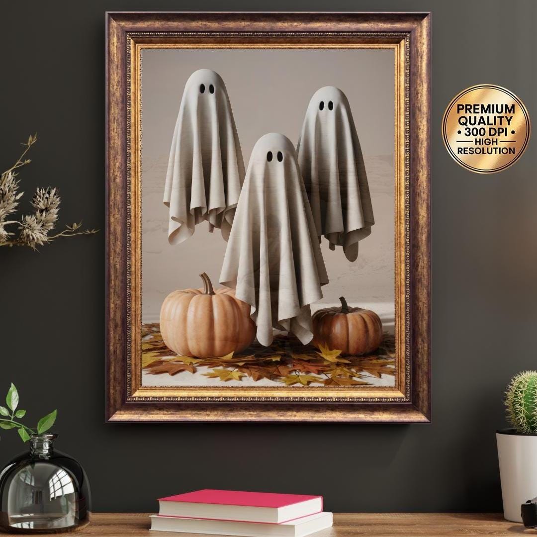 Three Floating Ghosts Halloween Wall Art Print, Neutral Fall Decor With ...