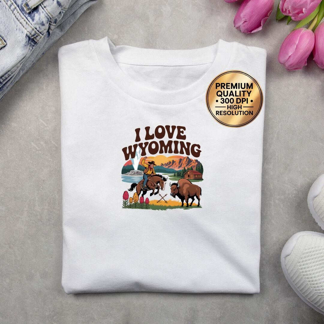 I Love Wyoming Digital Art Print With Cowboy Bison Horse Cabin Geyser ...