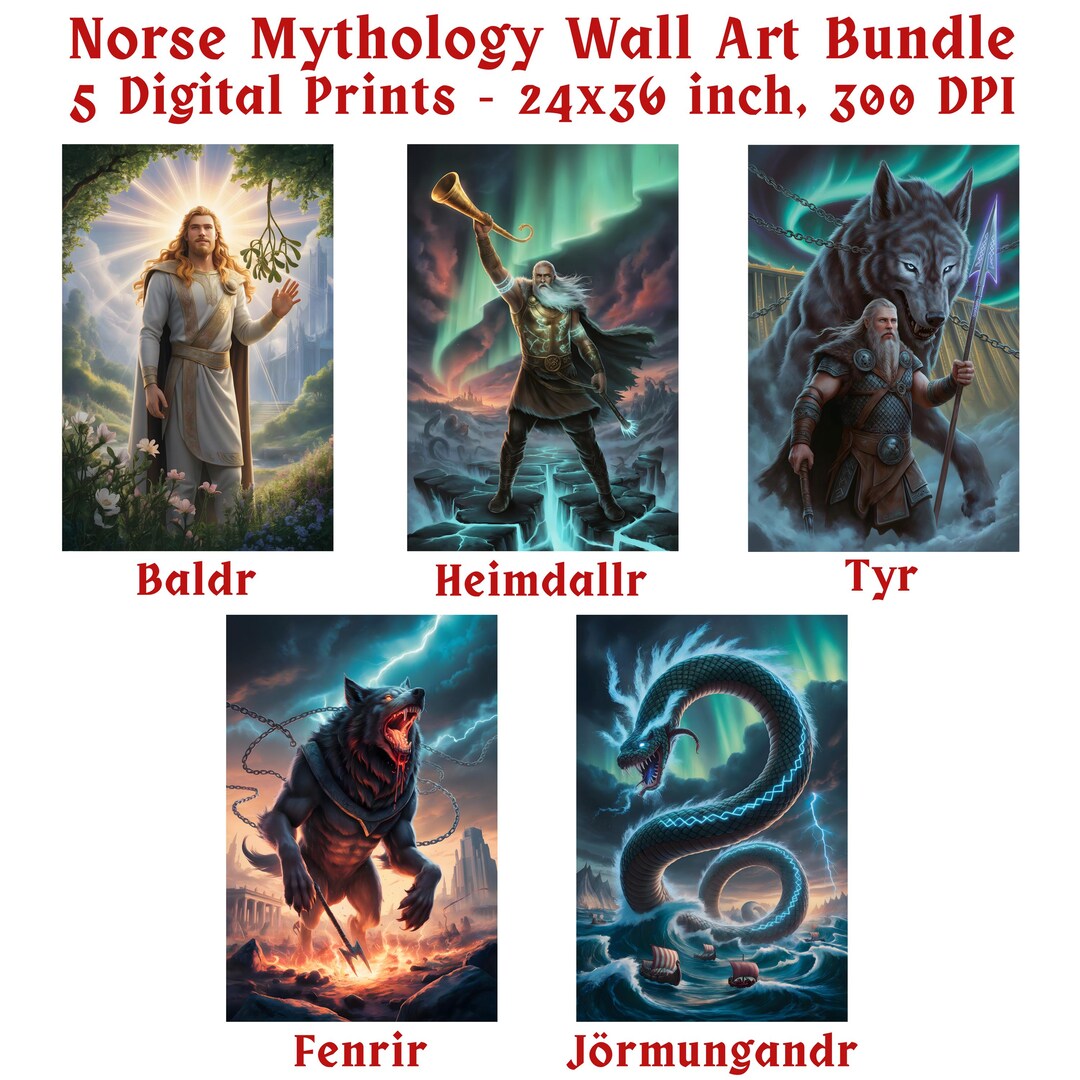 Norse Mythology Wall Art Bundle | 5 Viking Digital Prints of Baldr ...