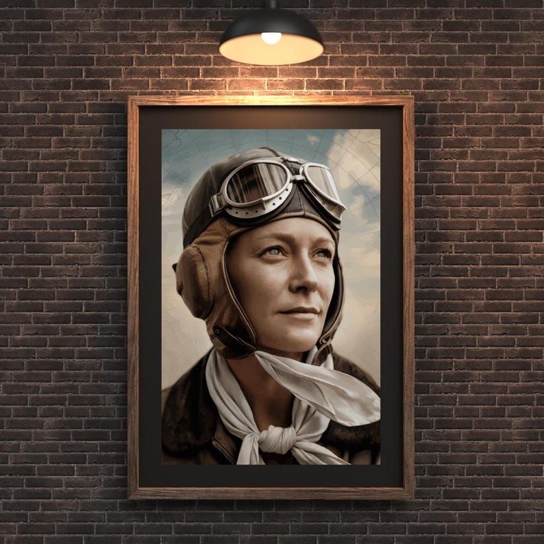 Amelia Earhart Wall Art – Vintage Aviator Portrait With Plane ...