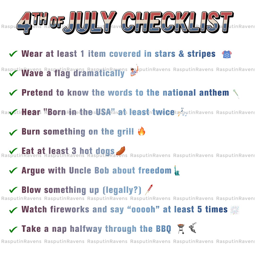 4th of July Checklist PNG, Funny Patriotic Sublimation, Independence ...