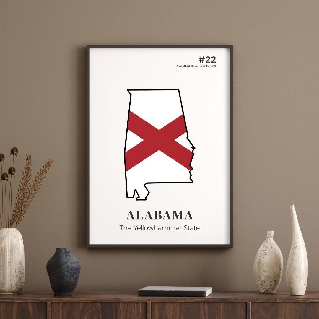 Alabama State Map Flag Digital Wall Art | the Yellowhammer State Poster ...