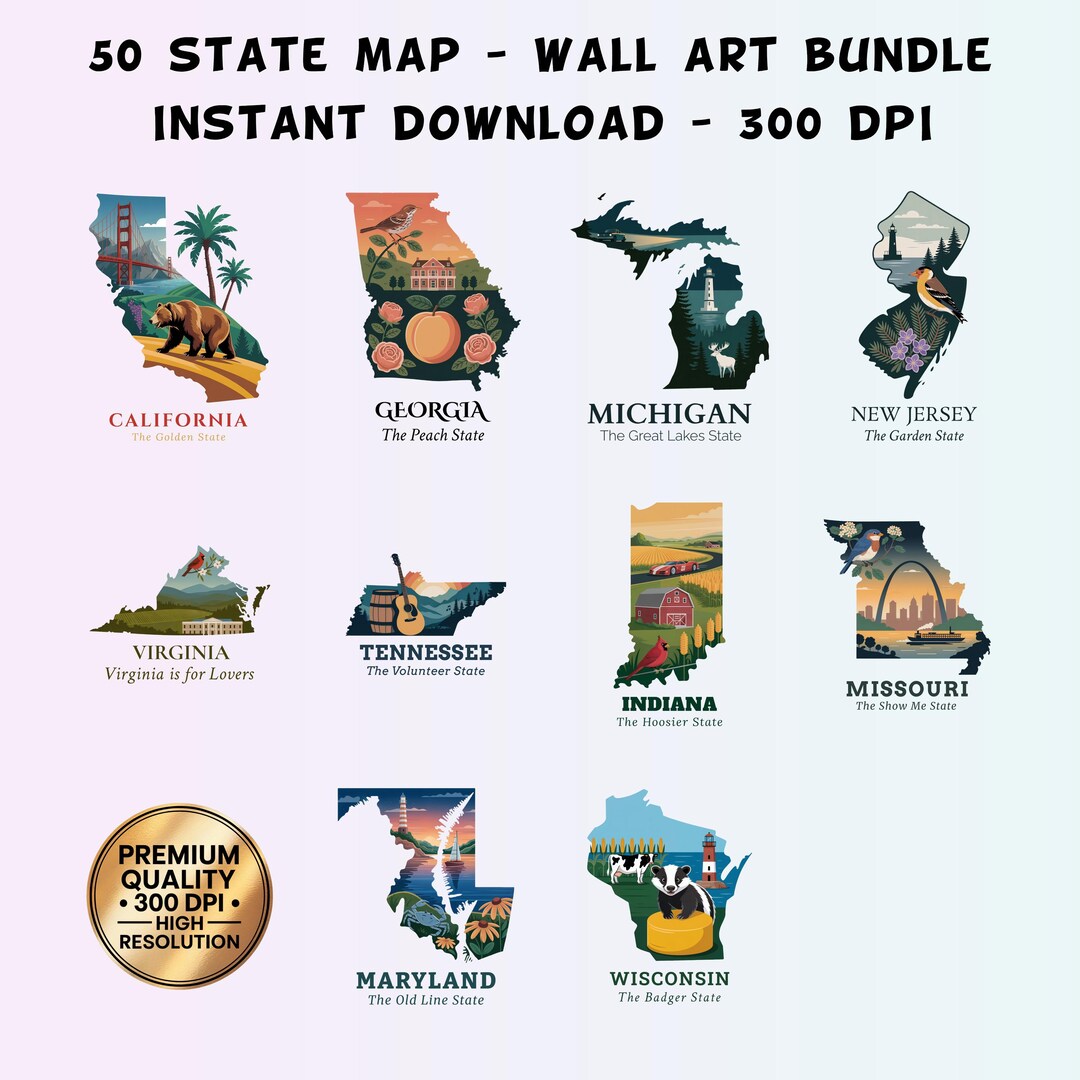 50 States Wall Art Printable Bundle – Digital USA State Posters PNG ...