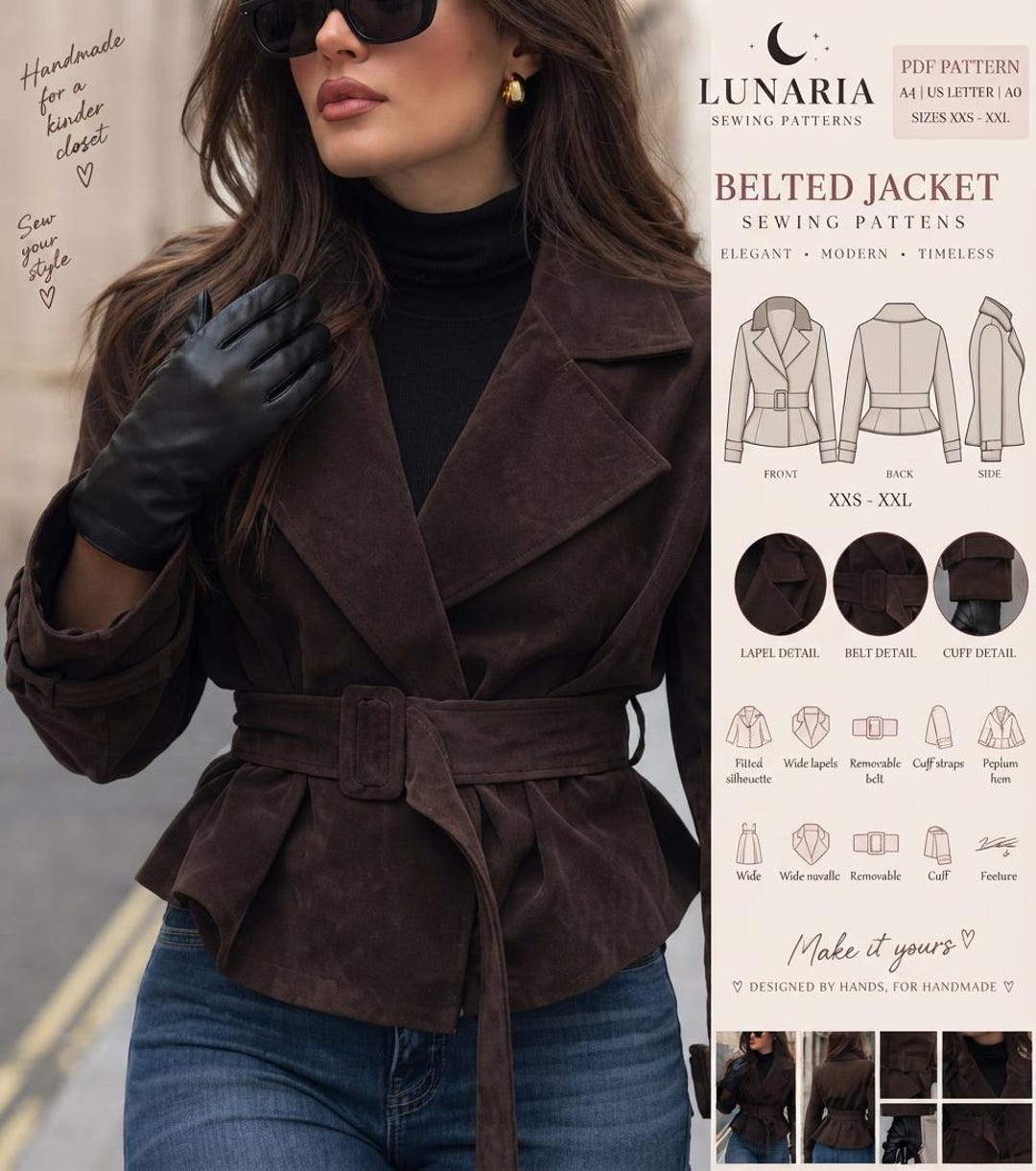 Belted Jacket Sewing Pattern, Women Cropped Jacket PDF, Fitted Blazer ...