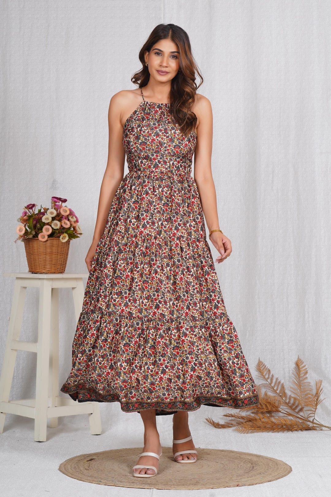 Floral Maxi Dress | Shiny Viscose, Back Tie, Tiered Boho Dress - Etsy
