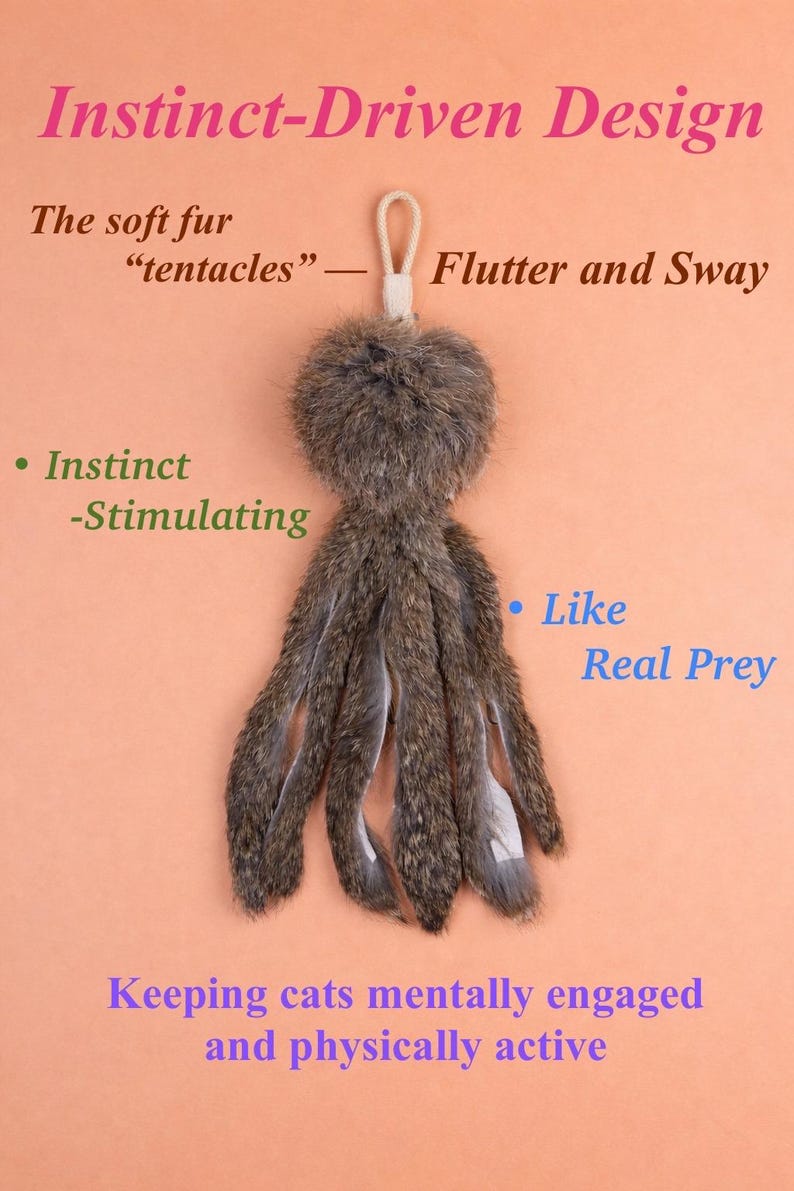 Naturally Scented Rabbit Fur Octopus Toy, Real Fur Enrichment Cat Toy ...
