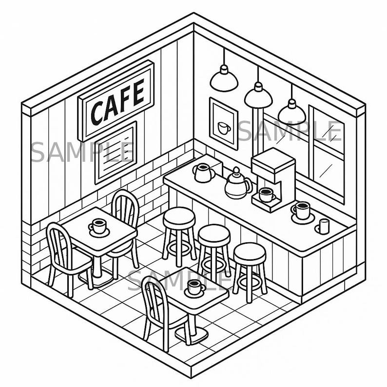 Isometric Cafe Coloring Page Printable, Cozy Coffee Shop Digital ...