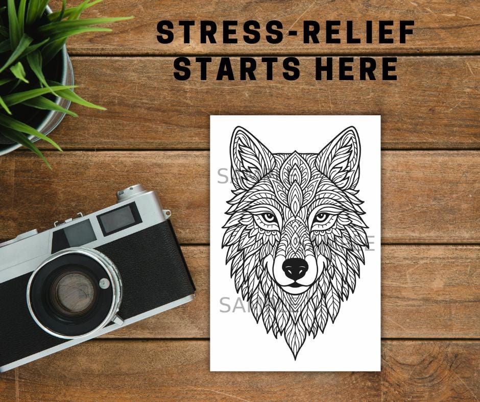 Wolf Coloring Page for Adult, PNG Digital Download, Intricate Zentangle ...