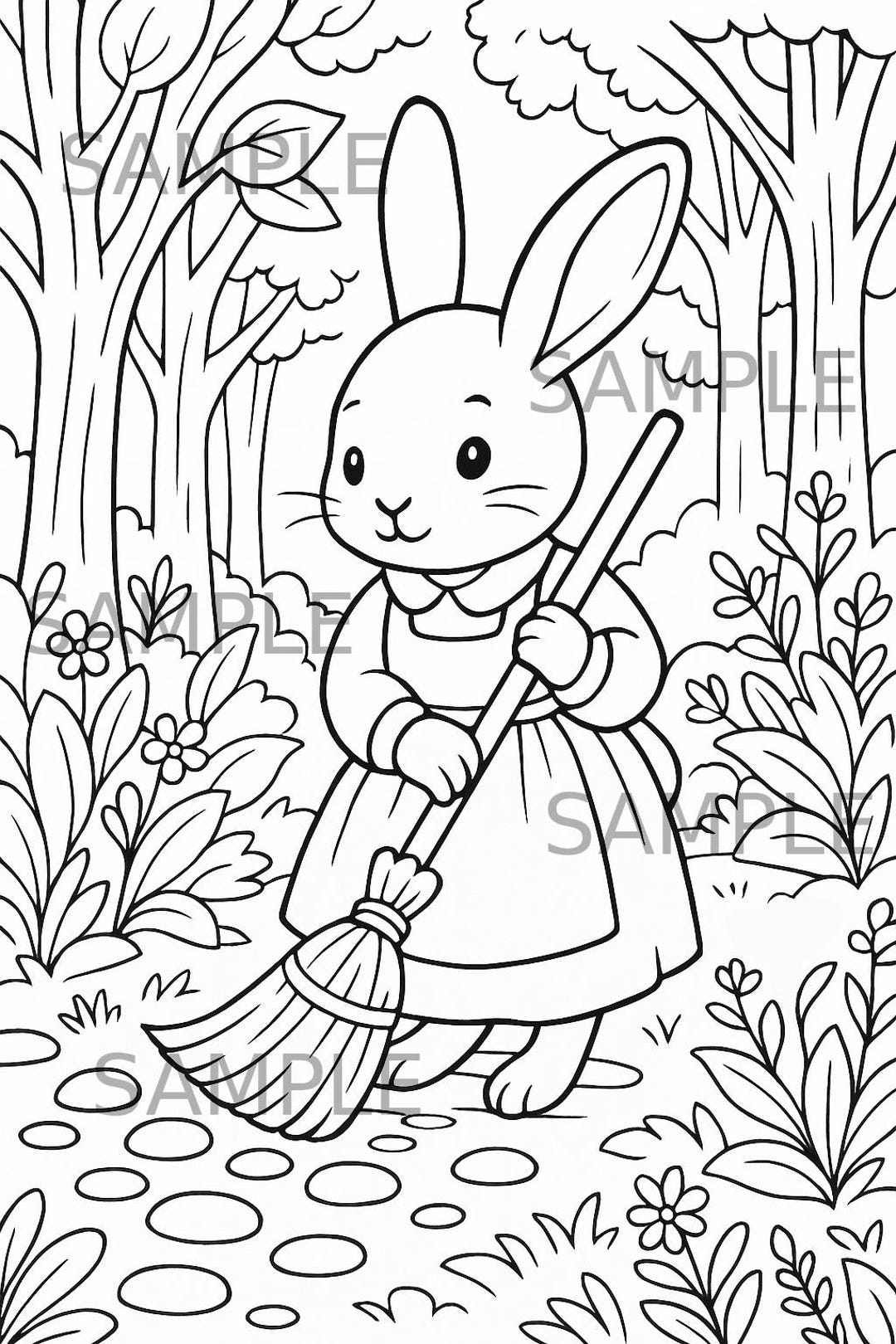 Cottagecore Bunny Coloring Page, Whimsical Animal Printable, Cute ...