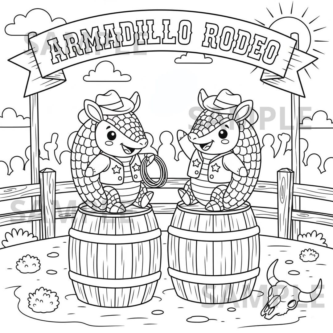 Armadillo Rodeo Coloring Page Printable, Cute Western Animal Line Art ...