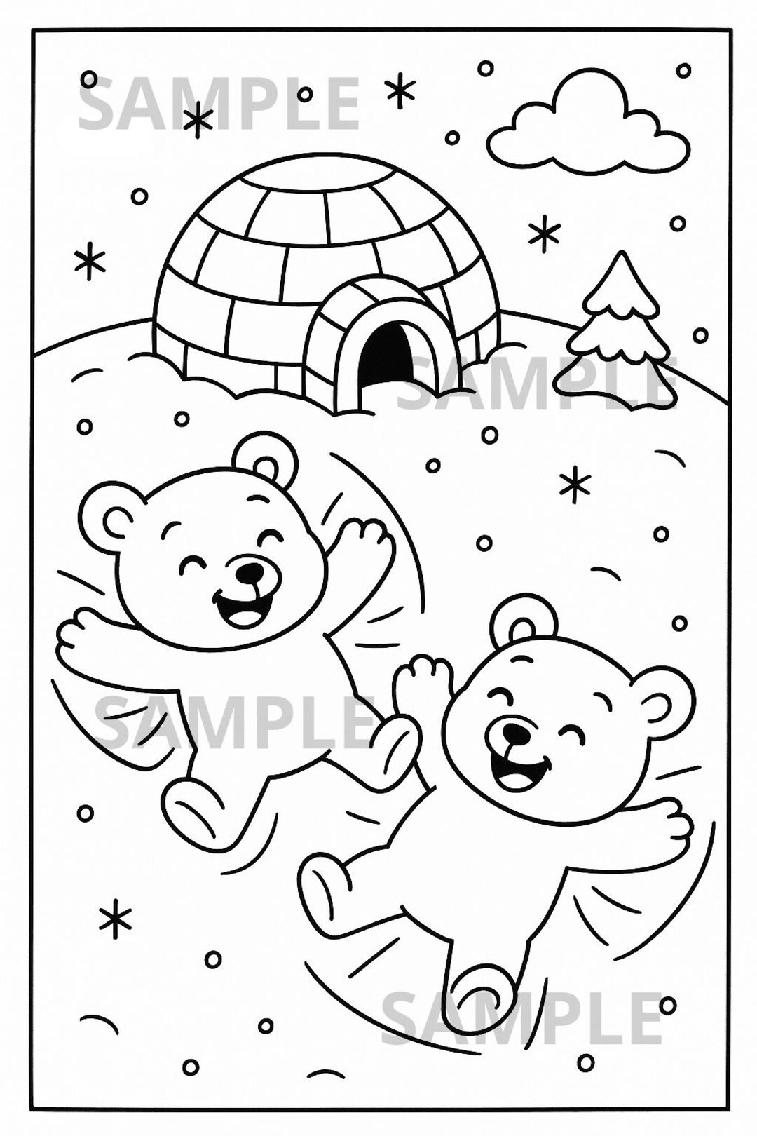 Bear Snow Angels Coloring Page, Cute Winter Bear Printable, Fun Holiday ...