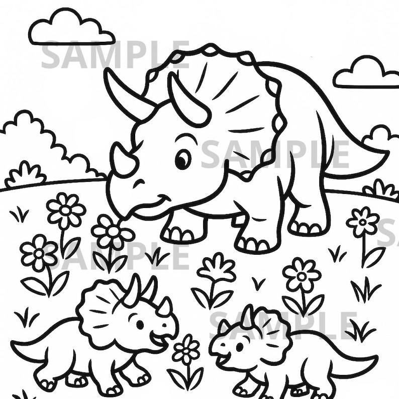 Triceratops Dinosaur Coloring Page PNG, Printable Prehistoric Dino ...
